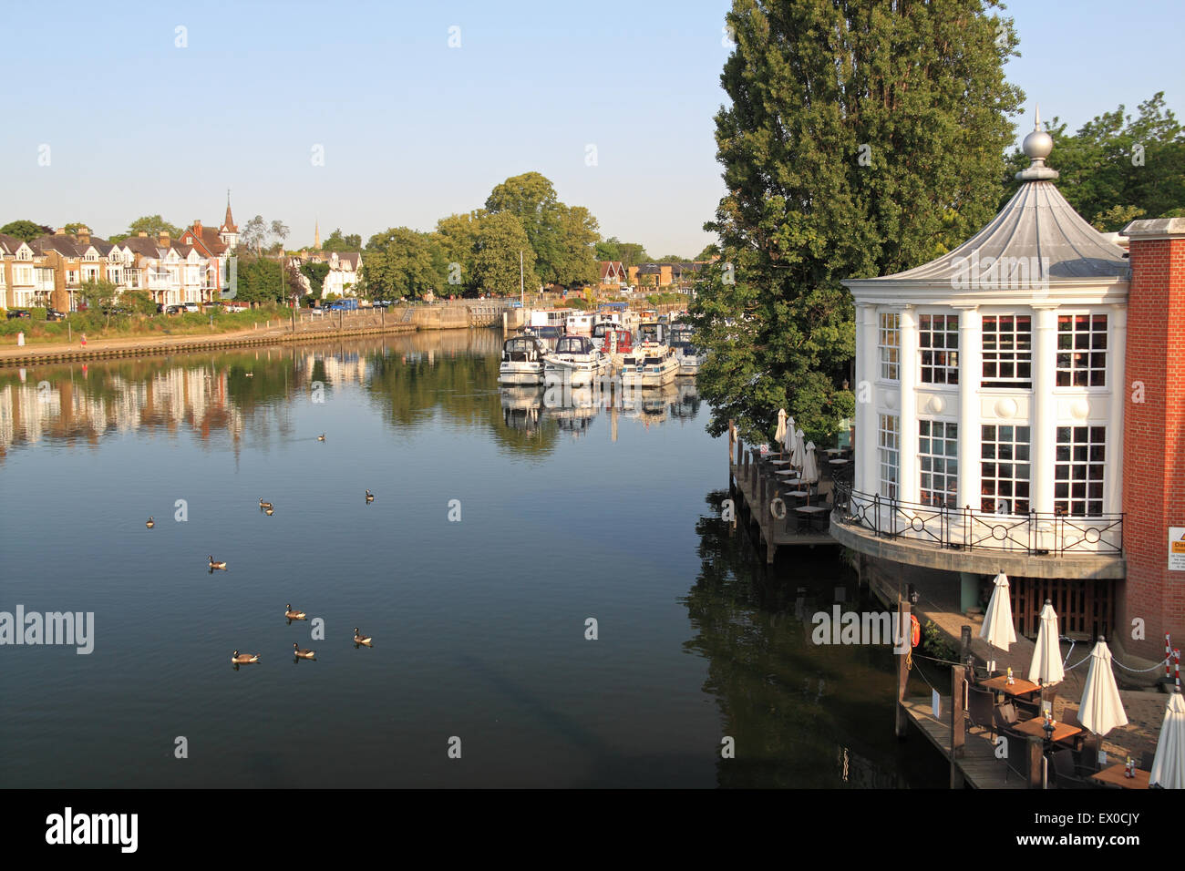 Riverbank and Molesey Lock from Hampton Court Bridge, East Molesey ...