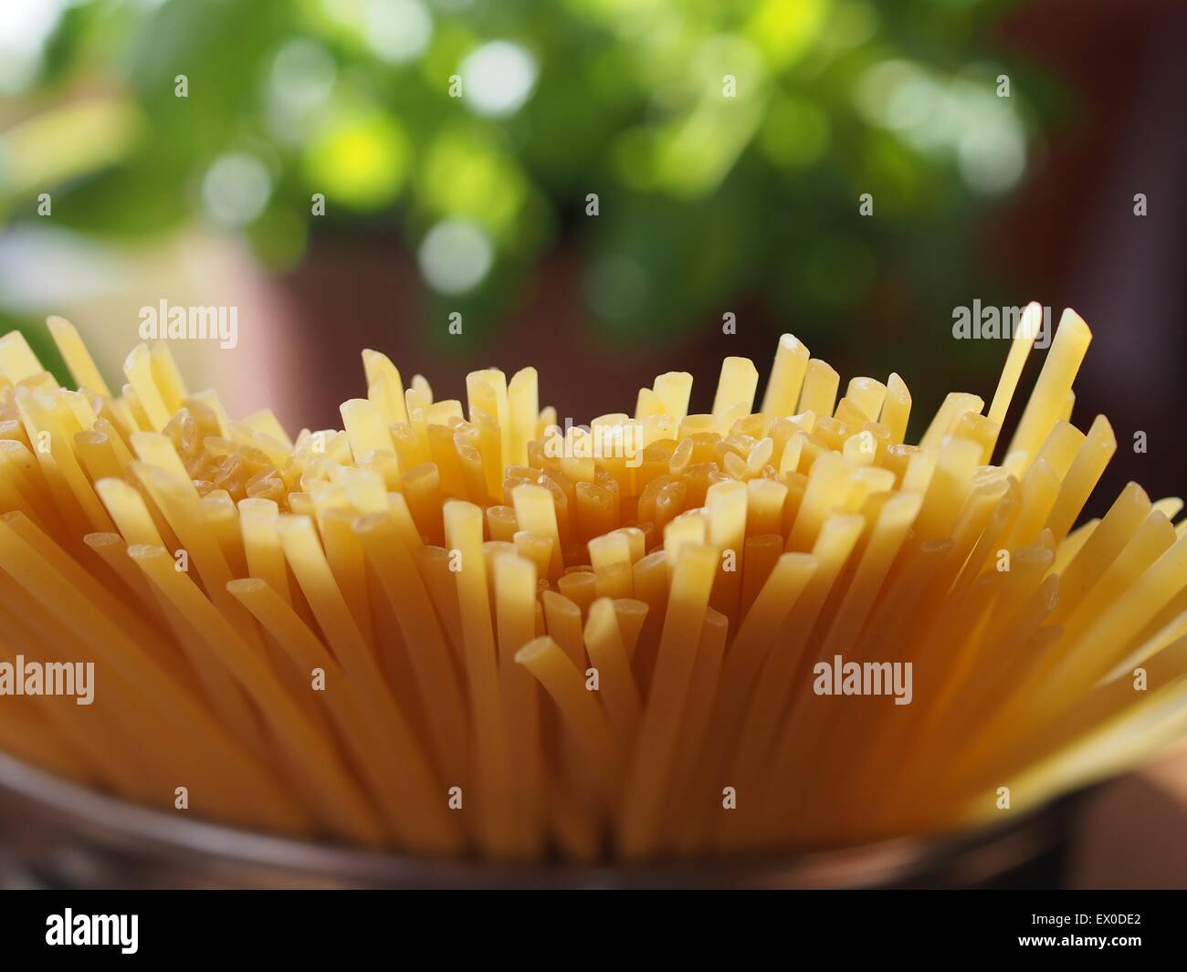 uncooked spaghetti on green basil background Stock Photo - Alamy