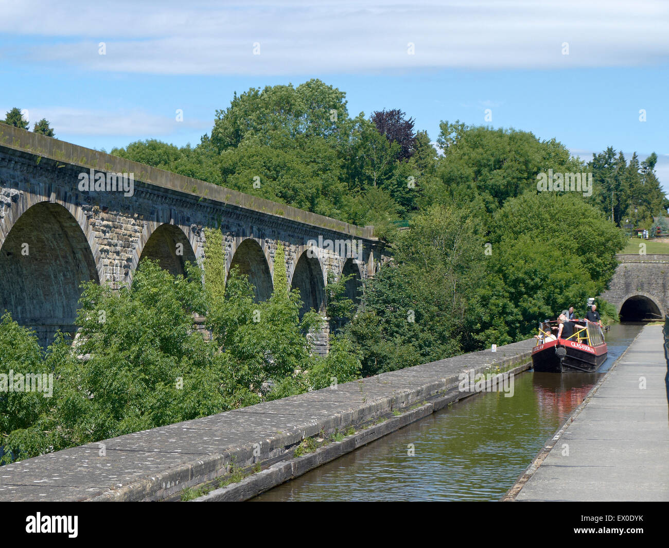 Narrowboat on the aqueduct with railway viaduct in Chirk Wales UK Stock ...