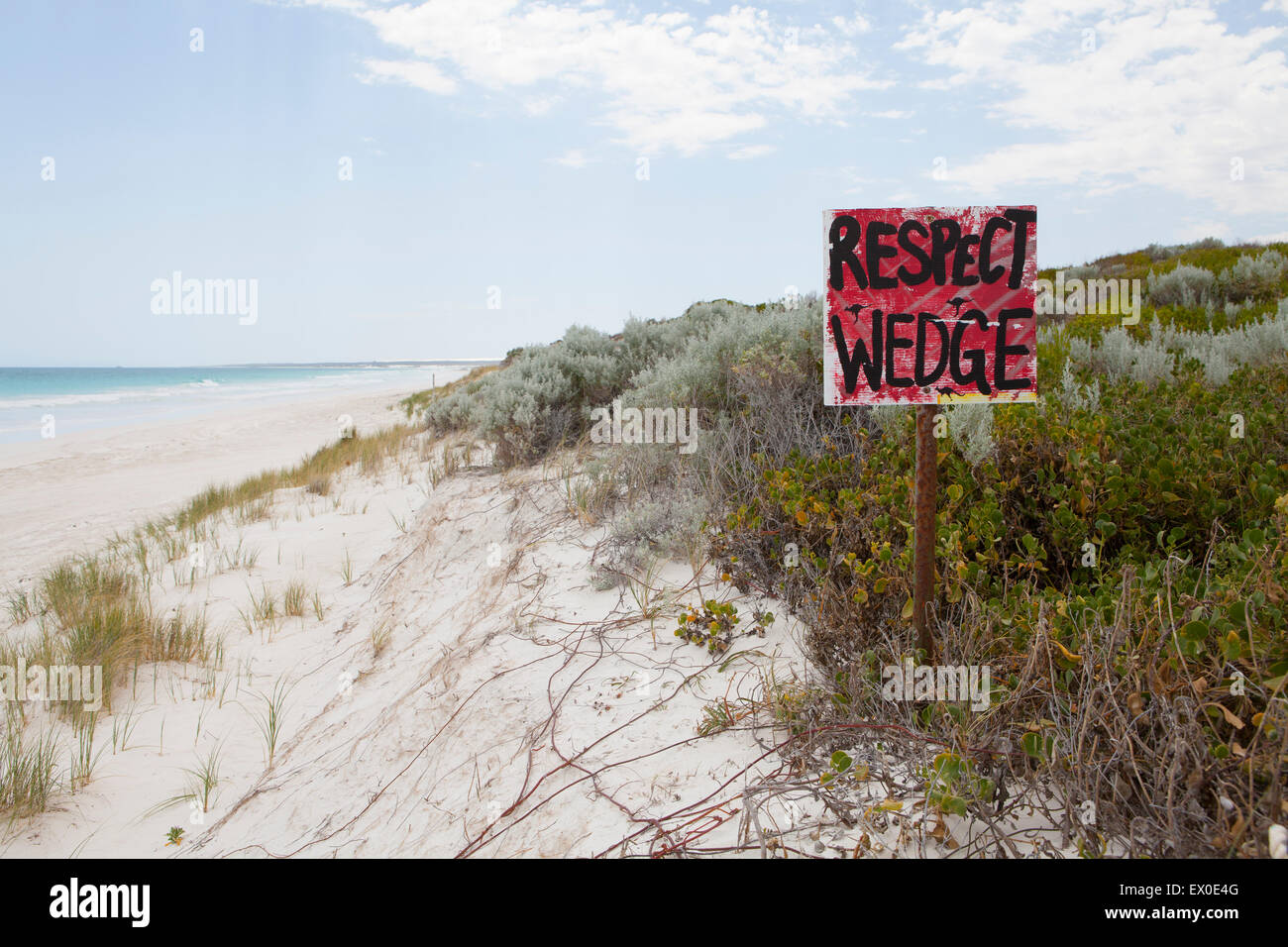 'Respect Wedge' sign on the beach at Wedge Island near Perth, Western ...