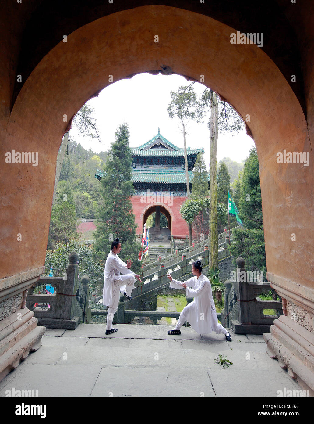 Taoist monk practicing Wudang martial arts at Wudang Mountains, China ...