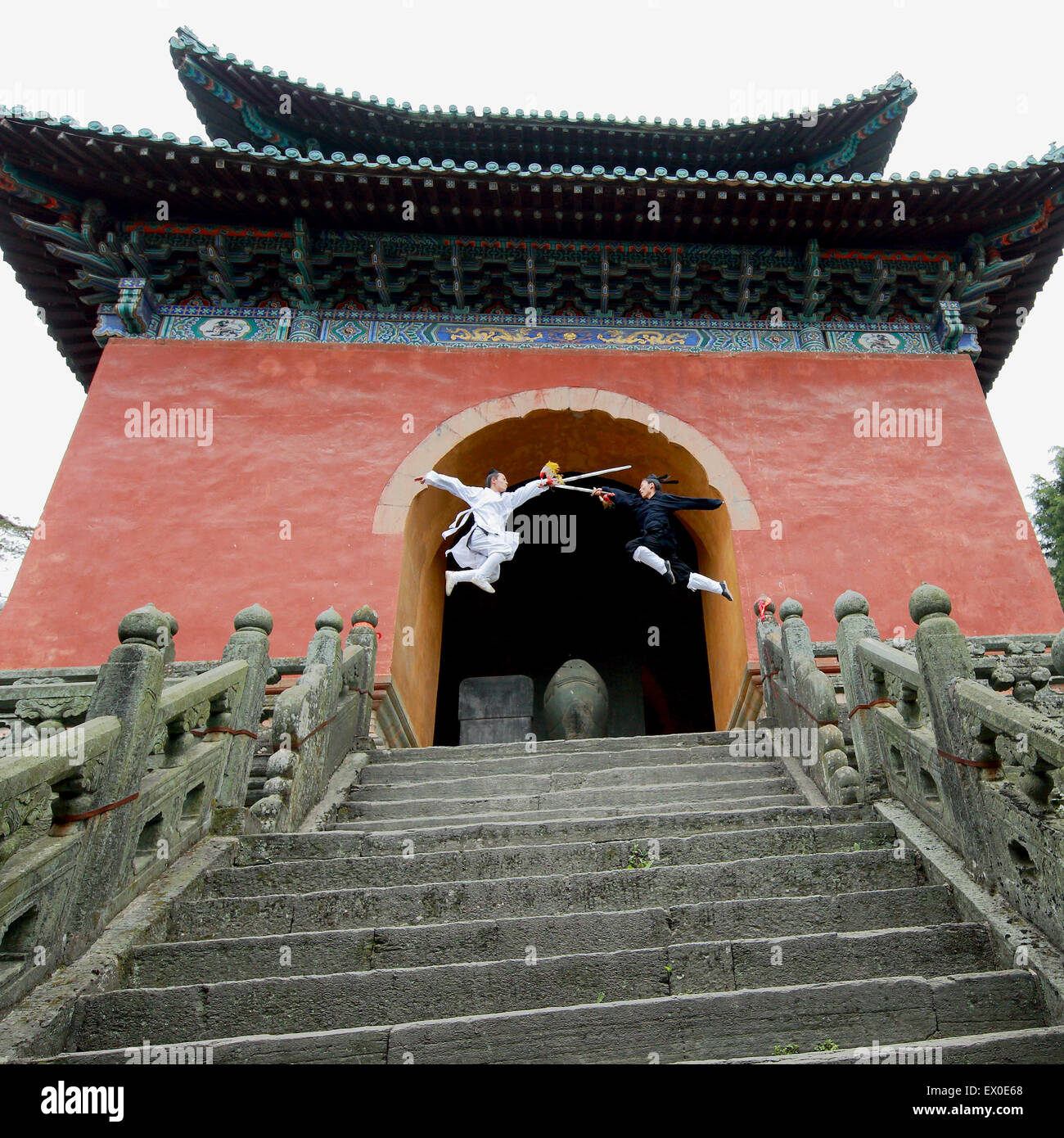 Taoist monk practicing Wudang martial arts at Wudang Mountains, China ...
