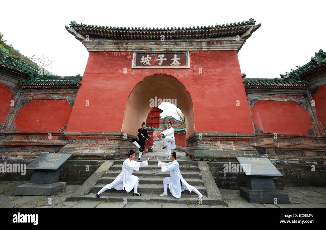 Taoist monk practicing Wudang martial arts at Wudang Mountains, China ...