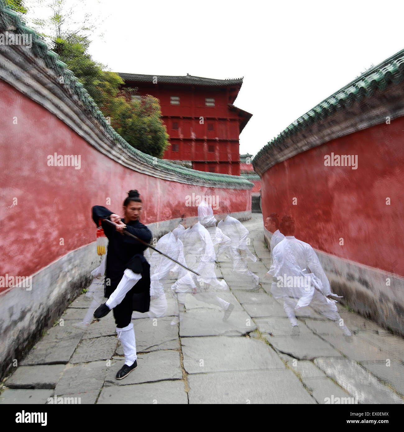 Taoist monk practicing Wudang martial arts at Wudang Mountains, China ...