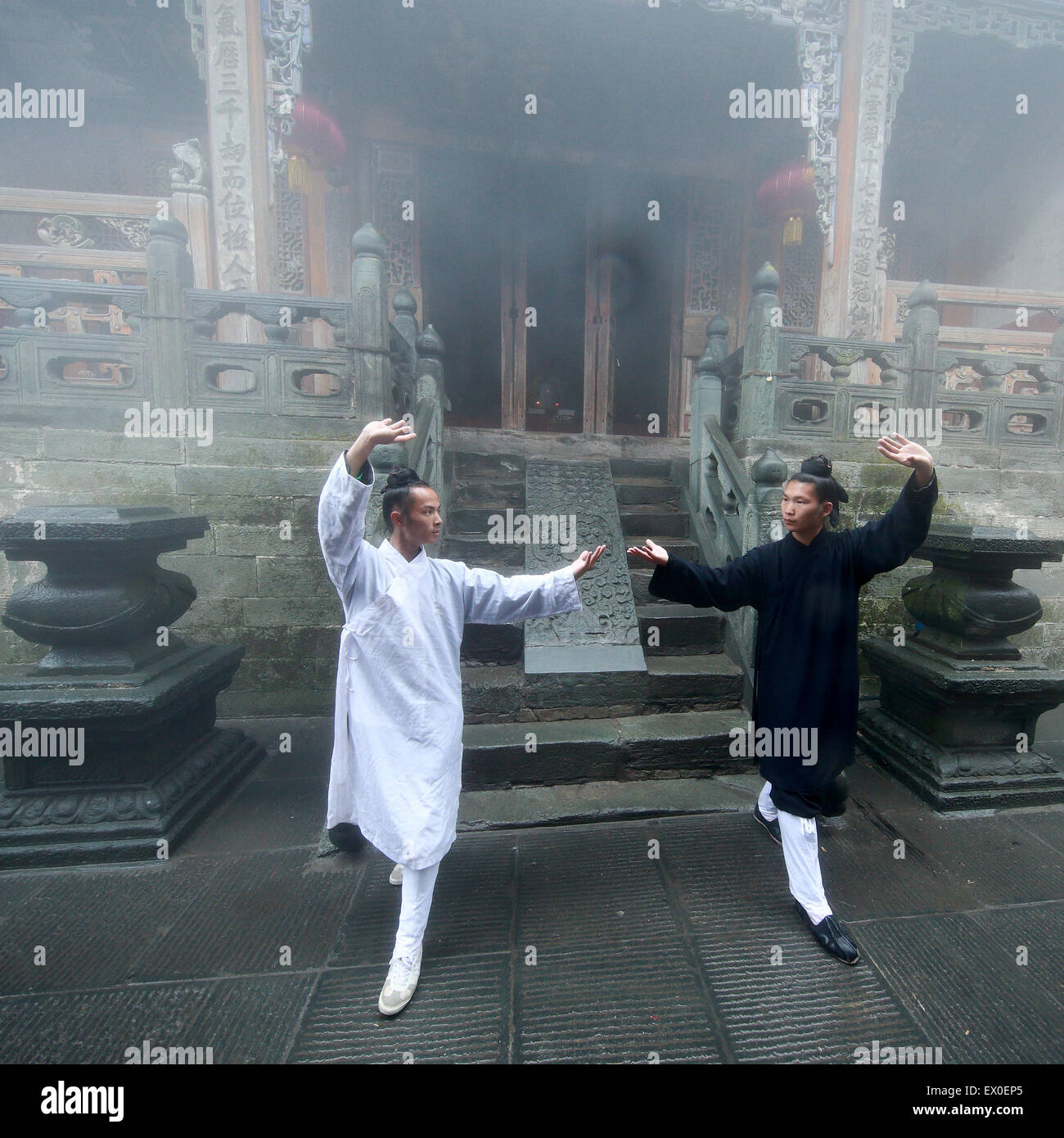 Taoist monk practicing Wudang martial arts at Wudang Mountains, China ...