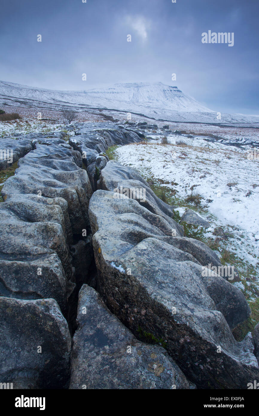 Limestone Pavement and snow capped Ingleborough Hill at Southerscales ...