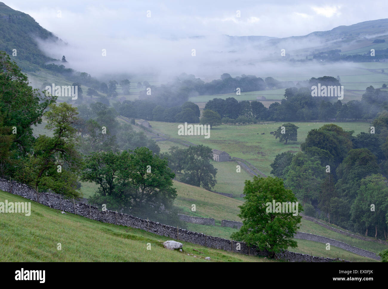 View down the misty valley of Littondale towards Wharfedale from near ...