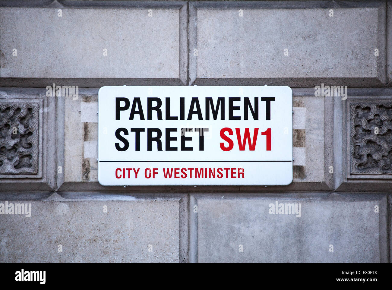 The road sign for Parliament Street in the City of Westminster, London ...