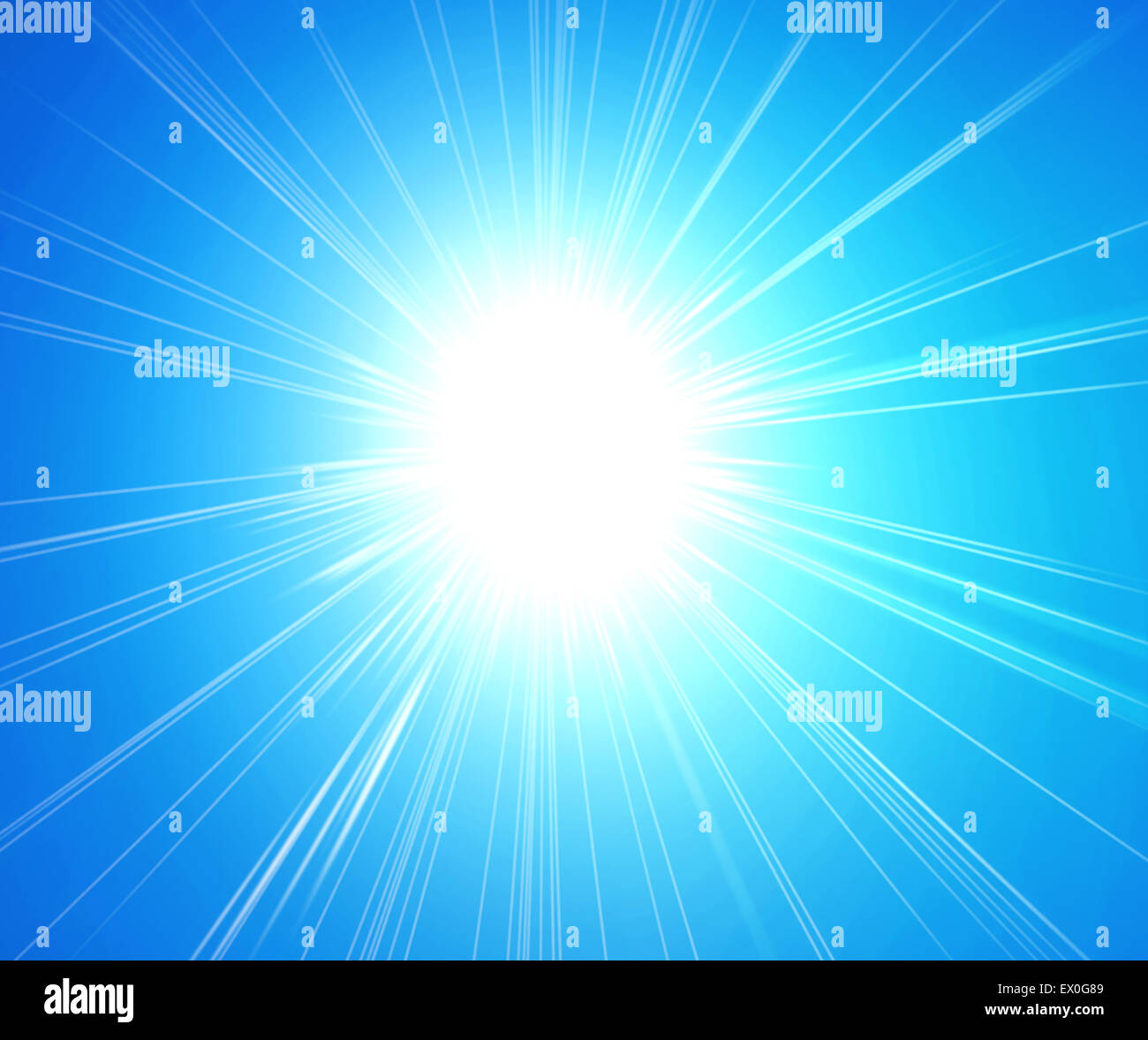 Hot sunshine. Rays of sunlight on blue background Stock Photo - Alamy