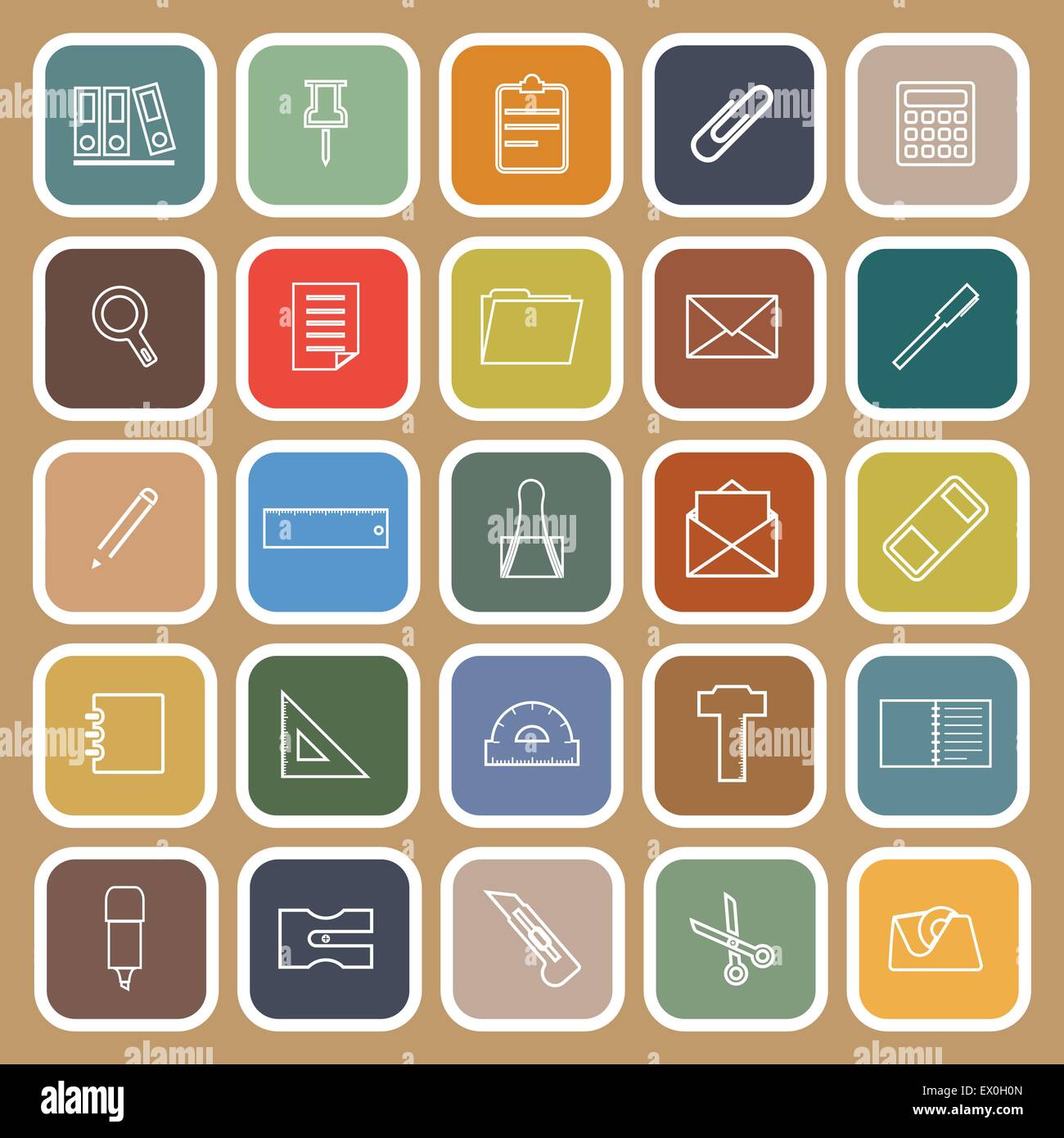Stationery line flat icons on brown background, stock vector Stock ...