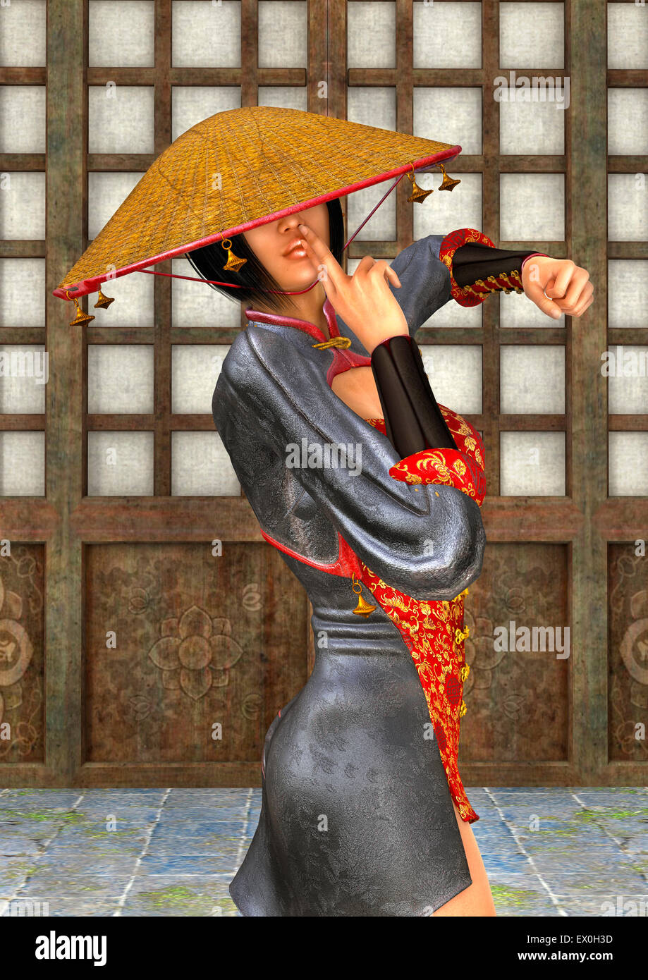 3D digital render of a beautiful Asian battle woman on a traditional ...