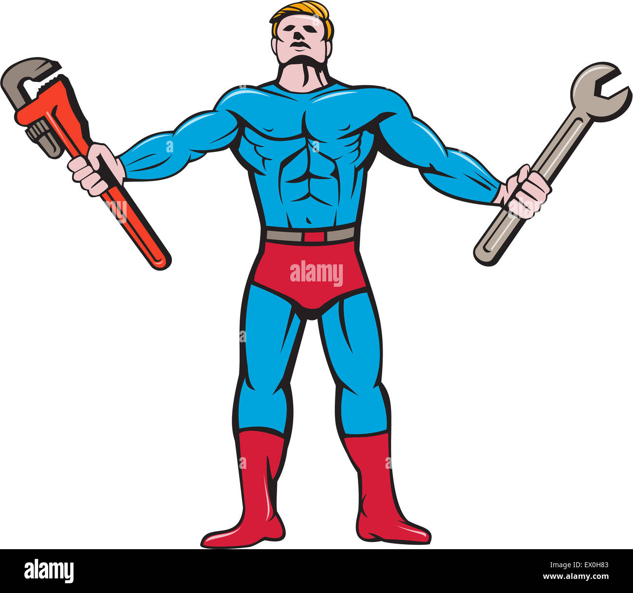 Cartoon style illustration of a superhero handyman holding spanner and ...