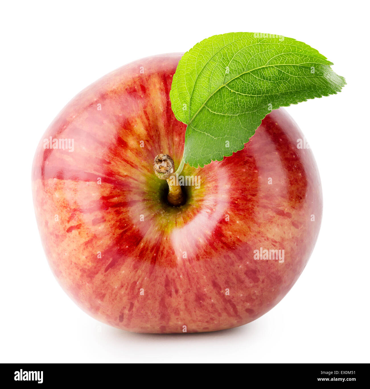 Shot from above red apple with green leaf isolated on white background ...