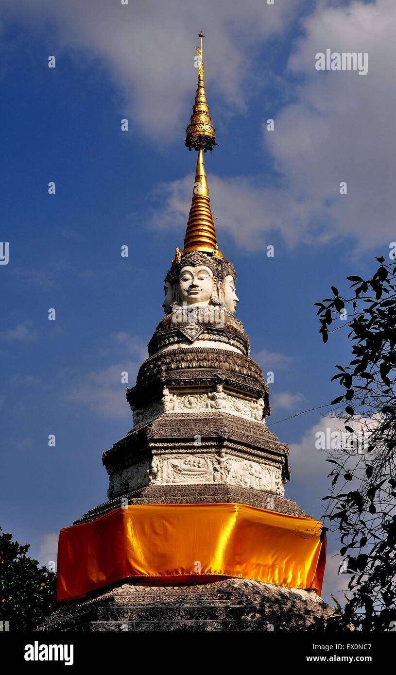 Chiang Mai, Thailand: Stately stepped Chedi with orange silk bunting ...