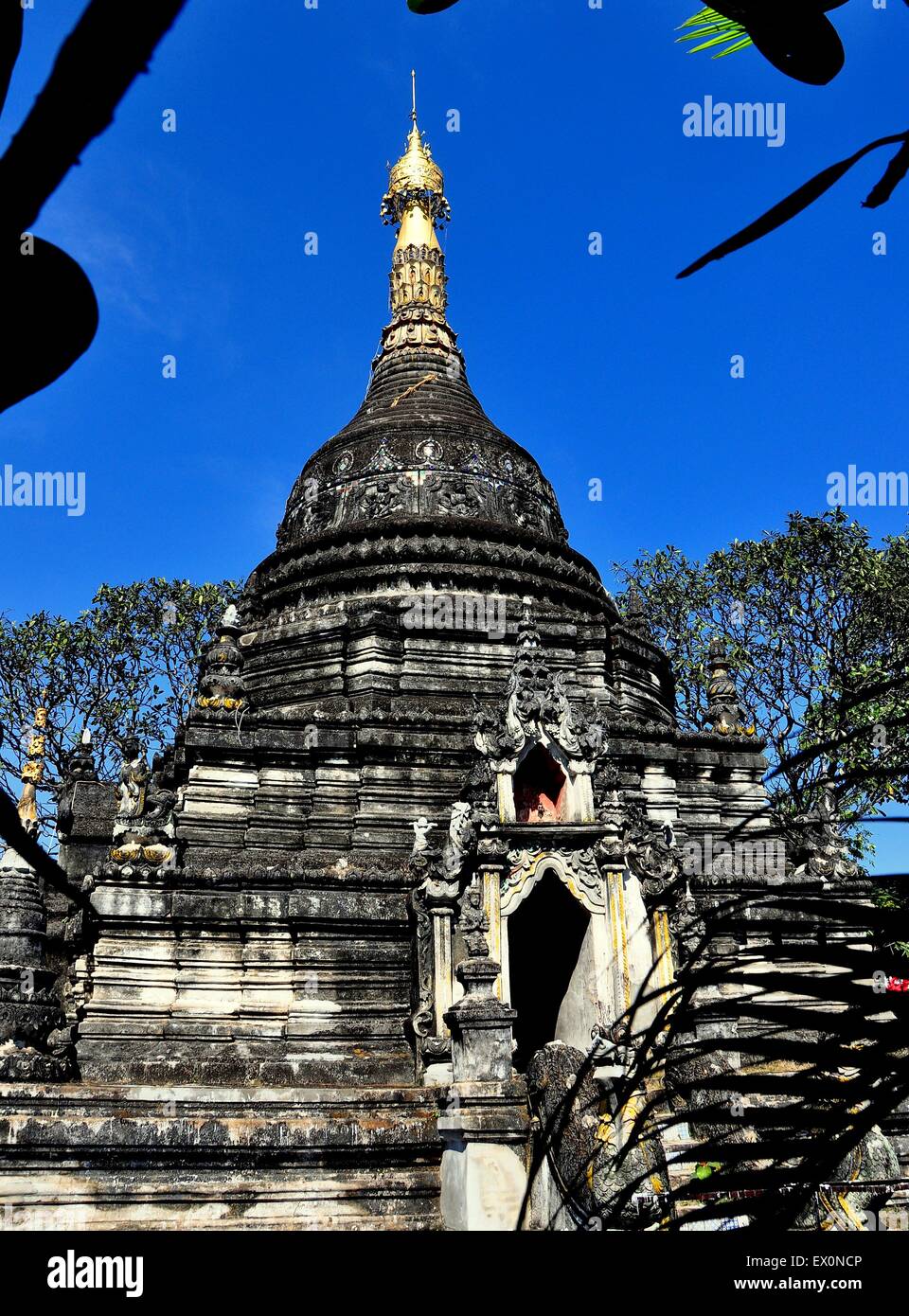Chiang Mai, Thailand: Centuries-old bell-shaped stone Chedi capped with ...