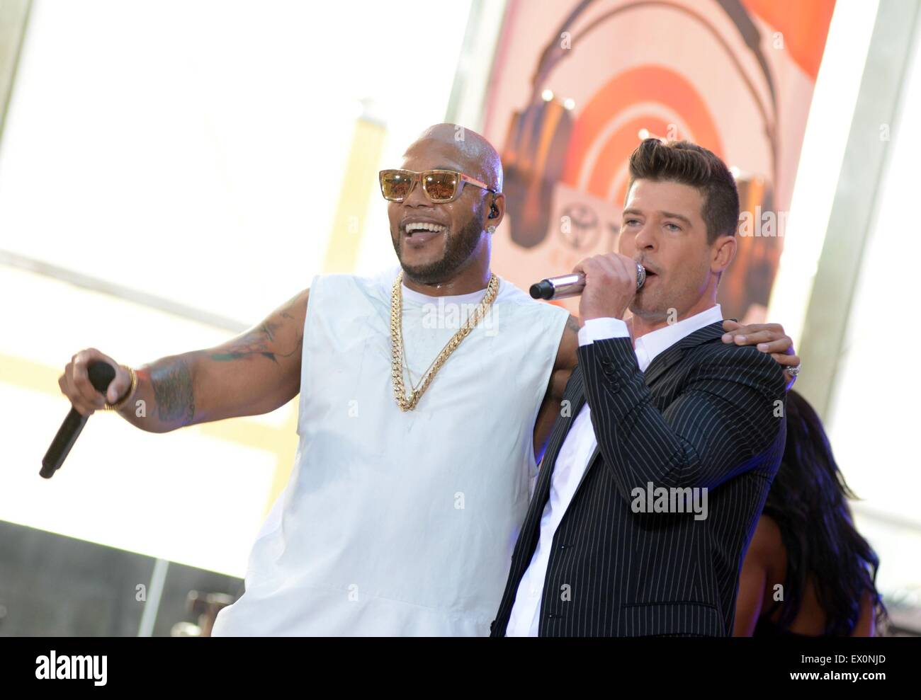 New York, NY, USA. 3rd July, 2015. Flo Rida, Robin Thicke on stage for ...