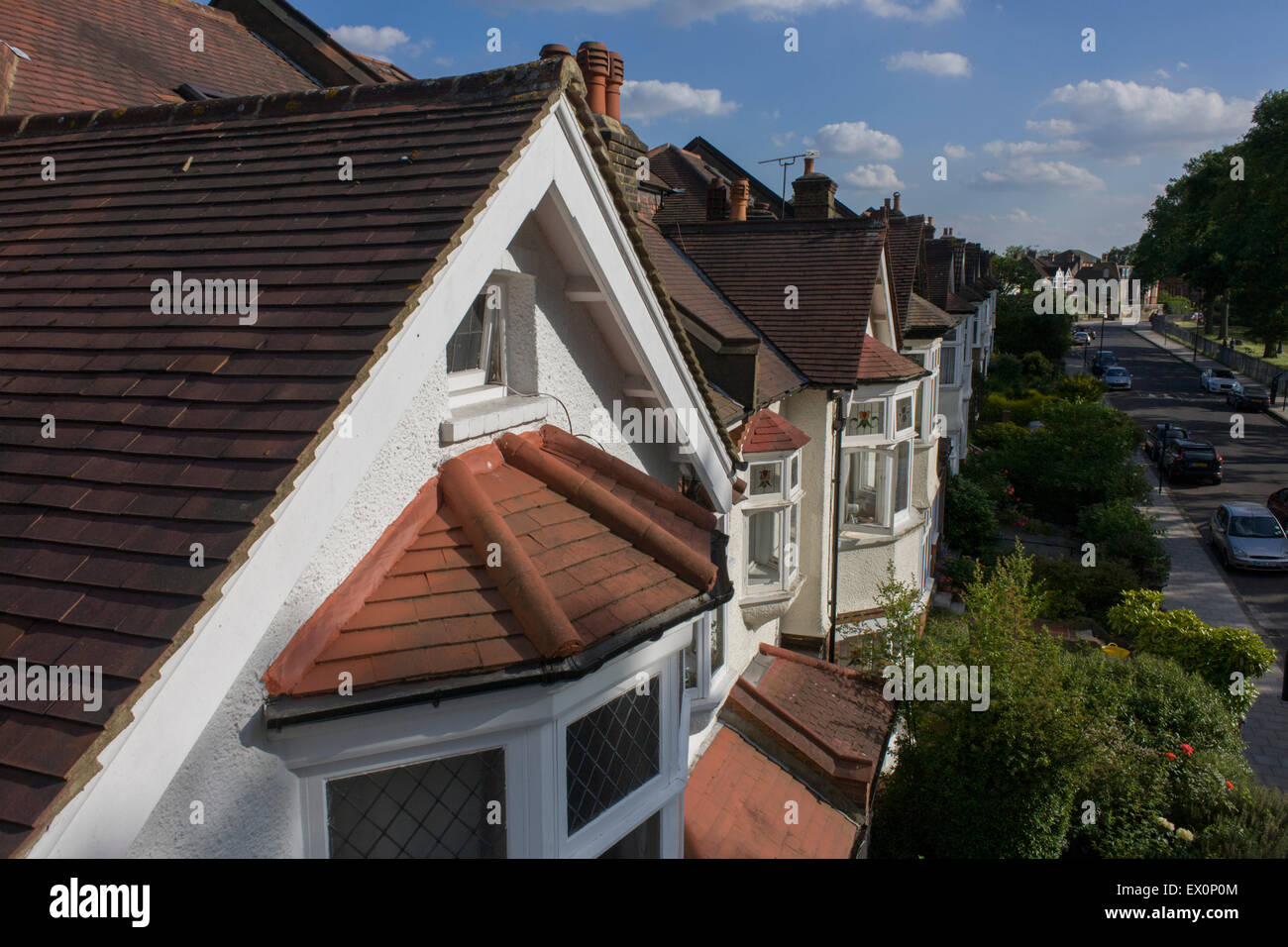 Aerial view of suburban Edwardian semi-detached houses in a south ...