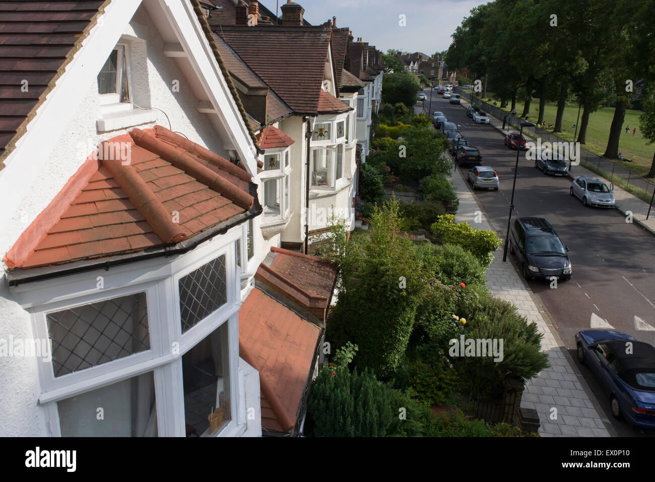 Aerial view of suburban Edwardian semi-detached houses in a south ...