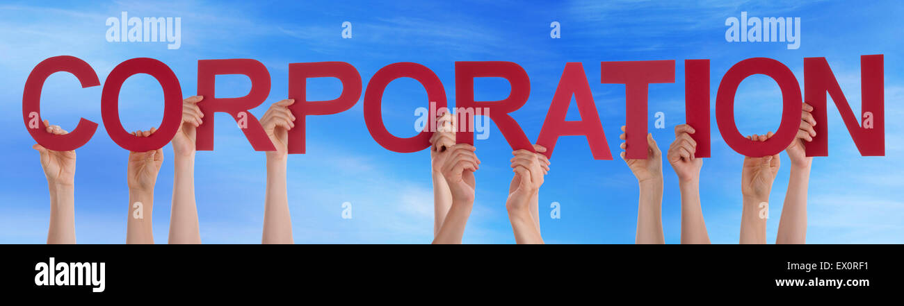 Hands Hold Red Straight Word Corporation Blue Sky Stock Photo - Alamy