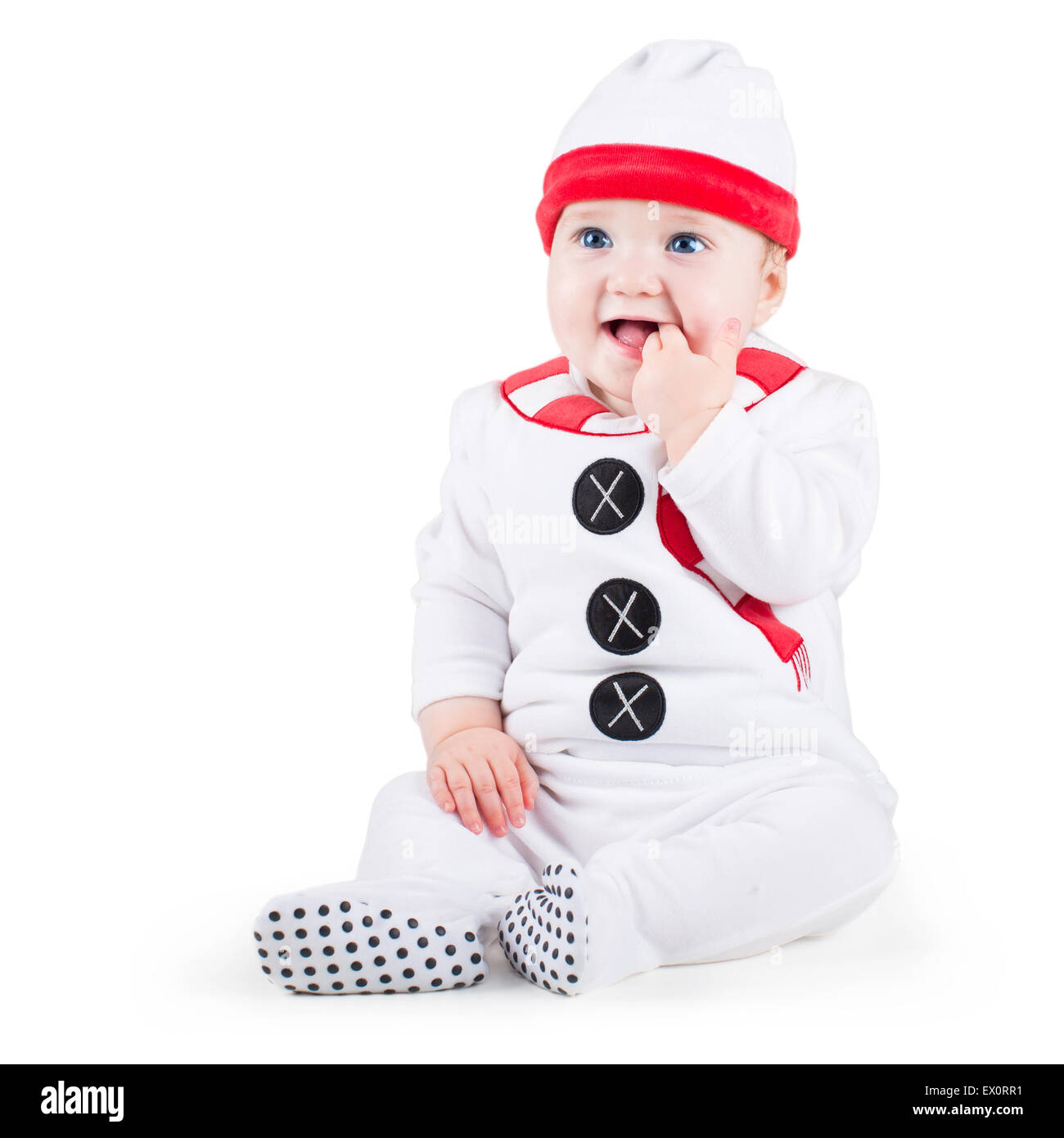 Happy laughing baby wearing a Christmas snow man costume on white ...