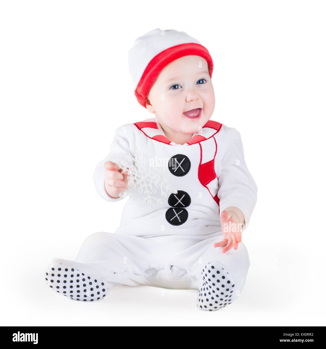 Happy laughing baby wearing a Christmas snow man costume on white ...