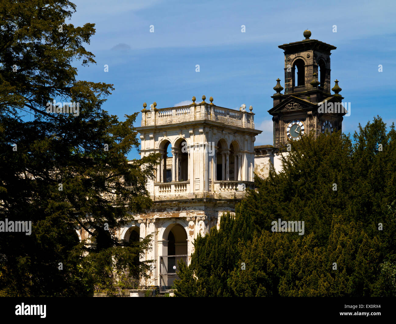 Ruins of Trentham Hall and the clock tower at Trentham Gardens near ...