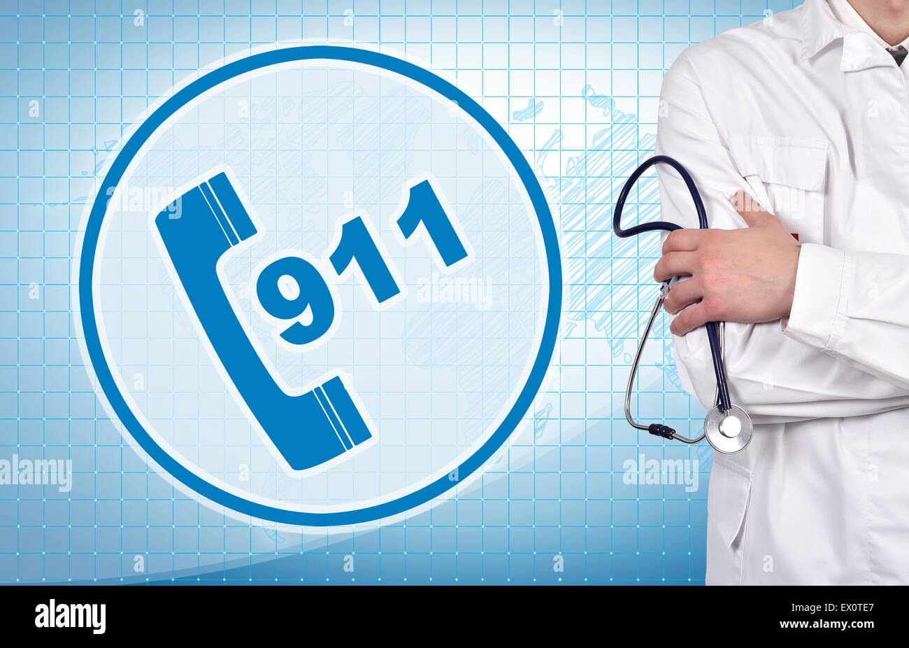 911 symbol and young doctor holding stethoscope Stock Photo - Alamy