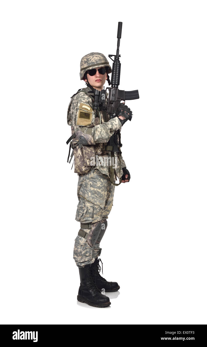 soldier raised his rifle up on a white background Stock Photo - Alamy