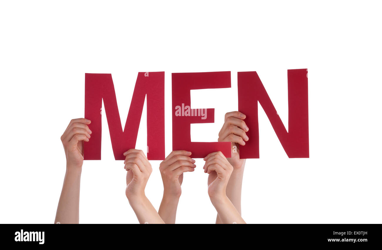 Many People Hands Holding Red Straight Word Men Stock Photo - Alamy