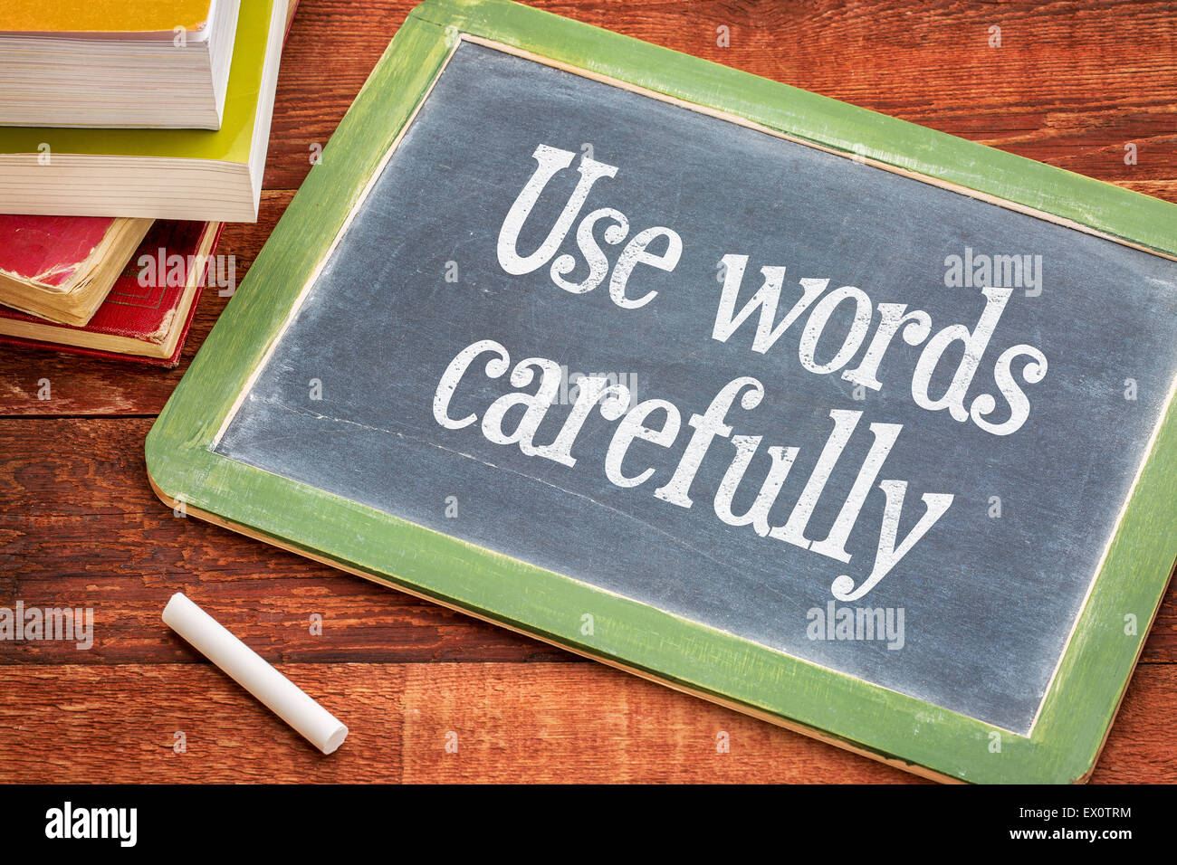 Use words carefully - text on a slate blackboard with a white chalk and ...