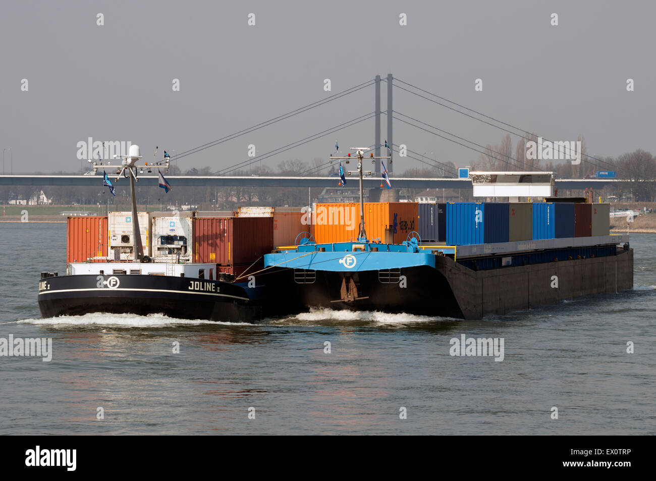 Joline 1 container barge, river Rhine, Dusseldorf, Germany Stock Photo ...