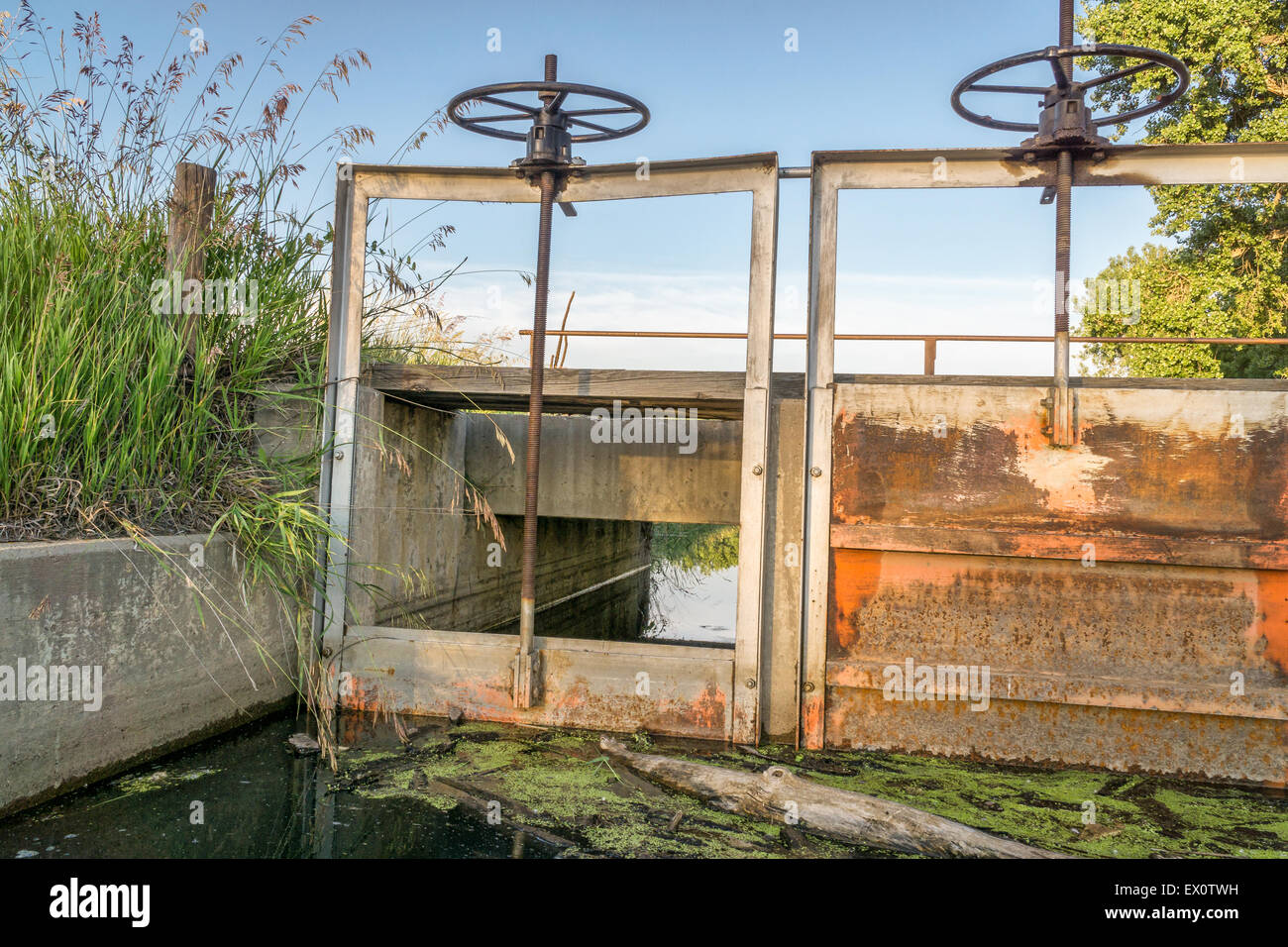 gates (headgates) and foot bridge of irrigation ditch, summer in ...