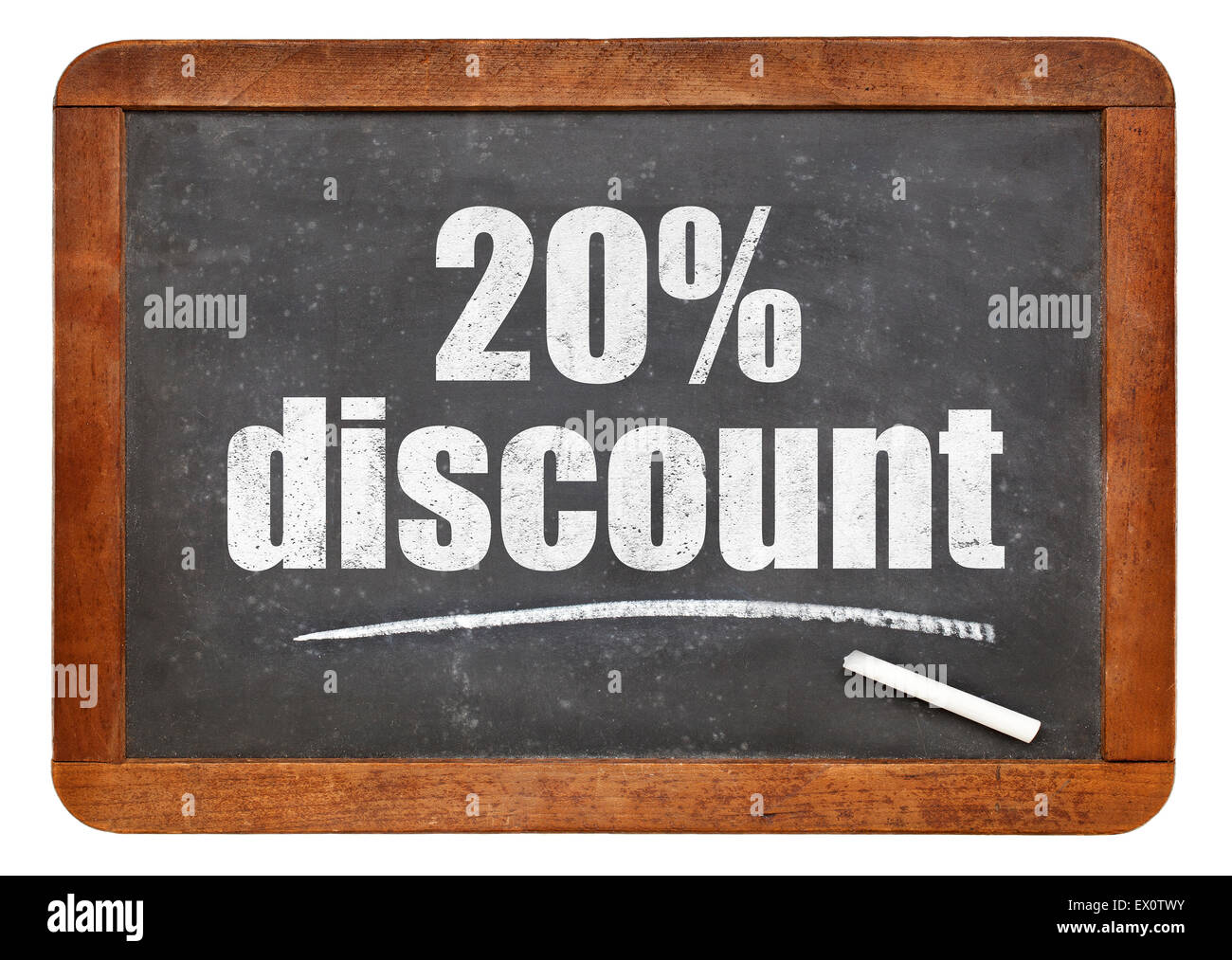 twenty percent discount sign - white chalk text on an isolated vintage ...