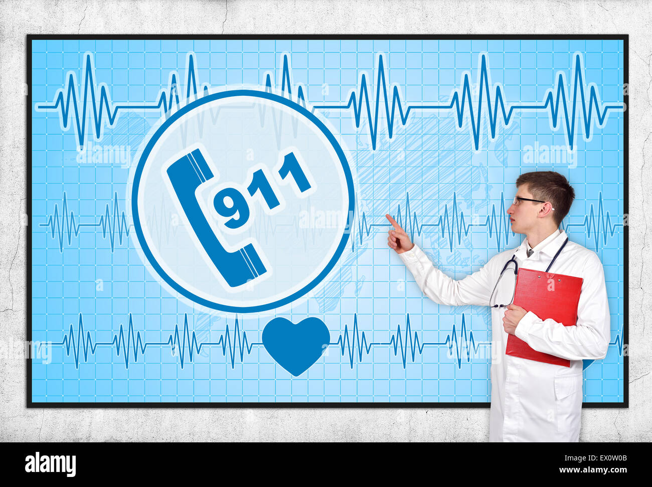 doctor with clipboard looking to screen with 911 symbol Stock Photo - Alamy