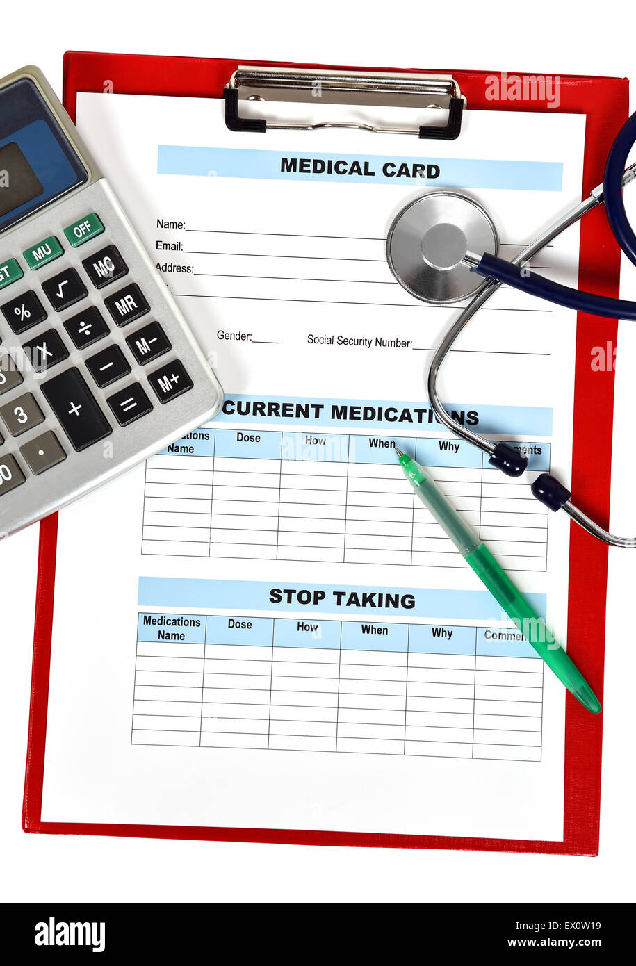 medical record form, stethoscope and calculator on table Stock Photo ...