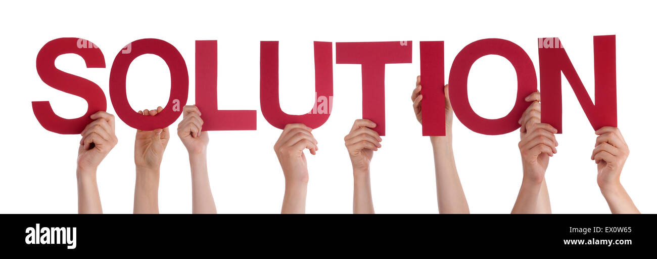 Many People Hands Hold Red Straight Word Solution Stock Photo - Alamy