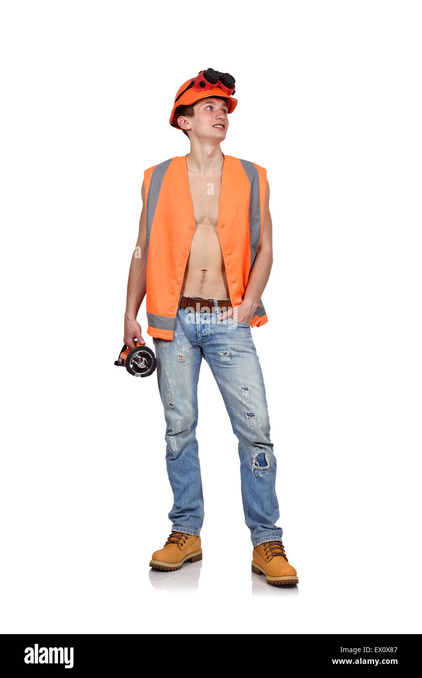 worker man with flashlight on a white background Stock Photo - Alamy
