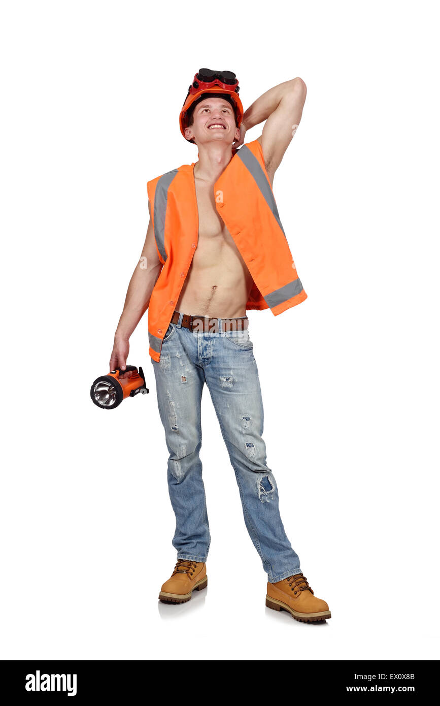 happy worker man with flashlight a white background Stock Photo - Alamy