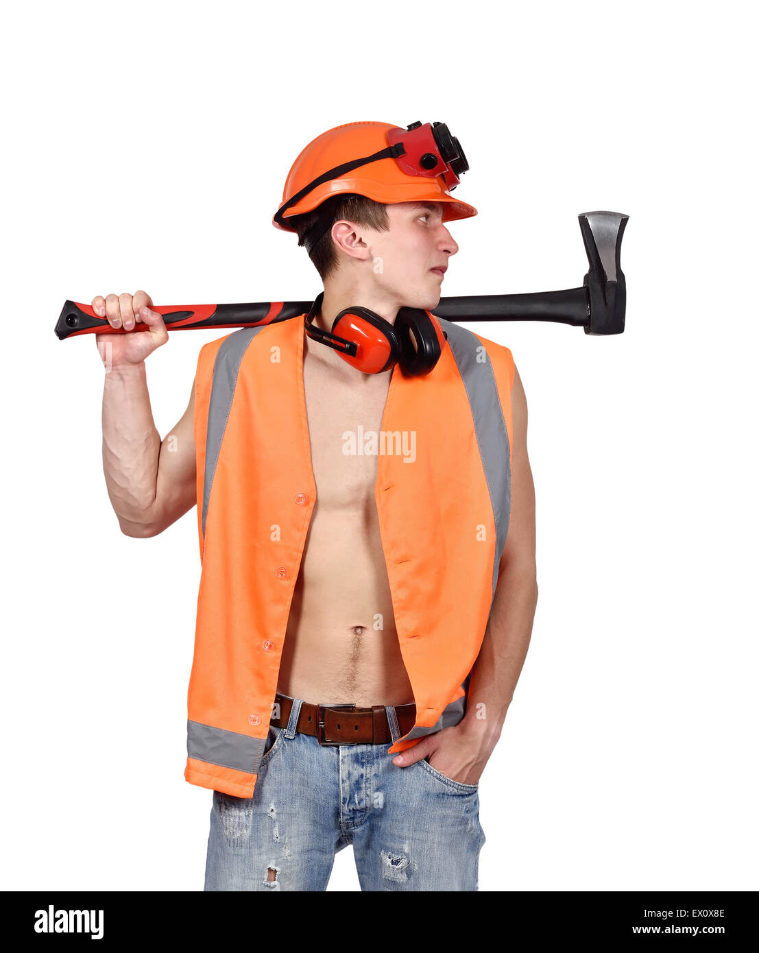 worker man with ax on a white background Stock Photo - Alamy