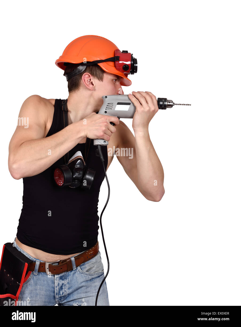 worker with drill on a white background Stock Photo - Alamy