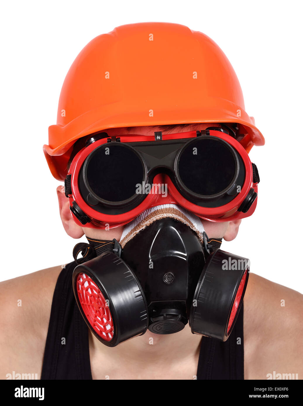 worker in bio-hazard mask on white background Stock Photo - Alamy
