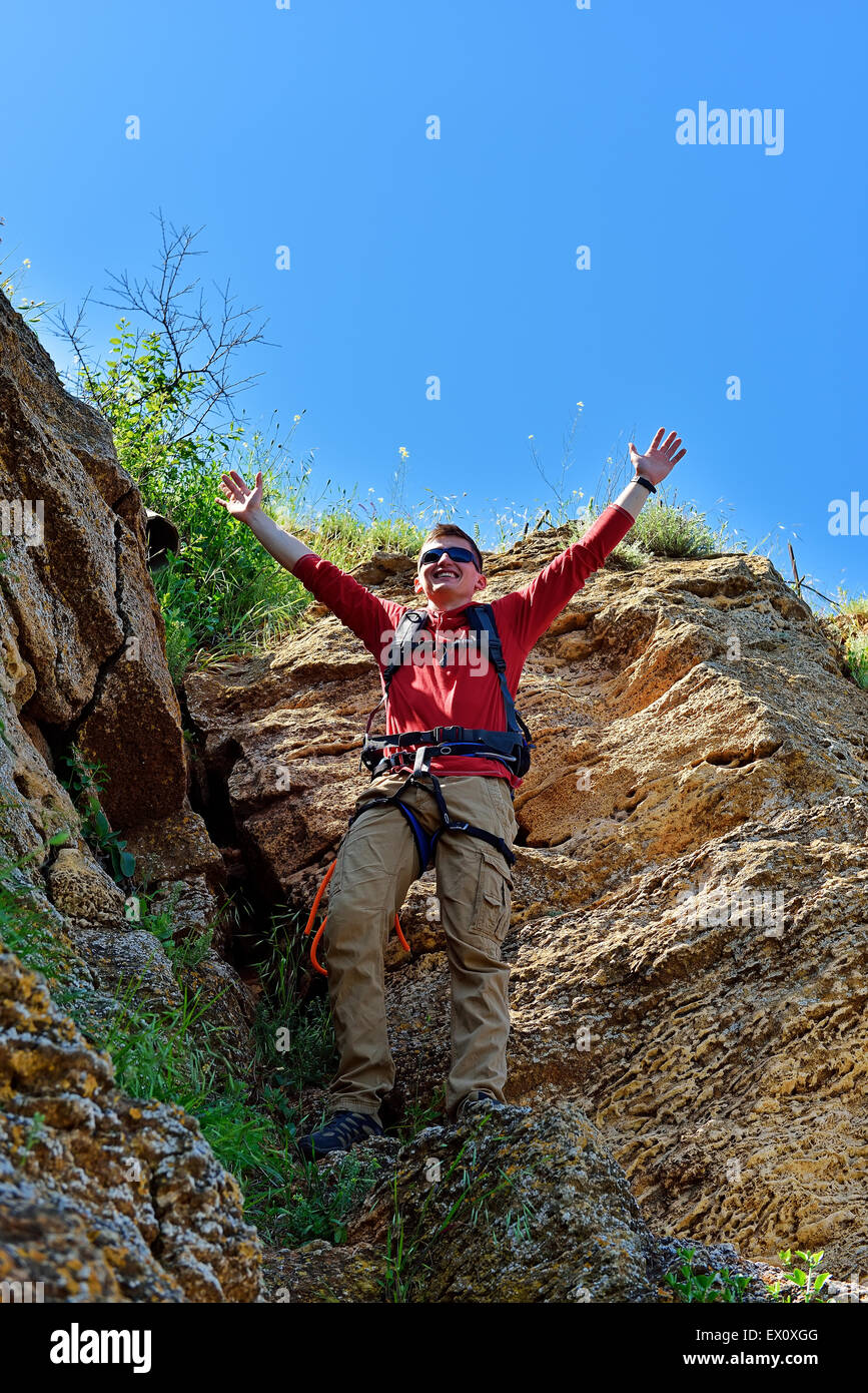 Happy climber backpack on hi-res stock photography and images - Alamy