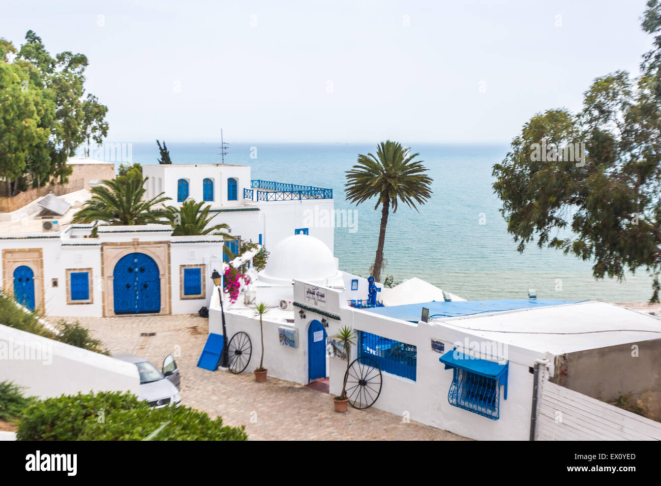 Sidi Bou Said - typical building with white walls, blue doors and ...