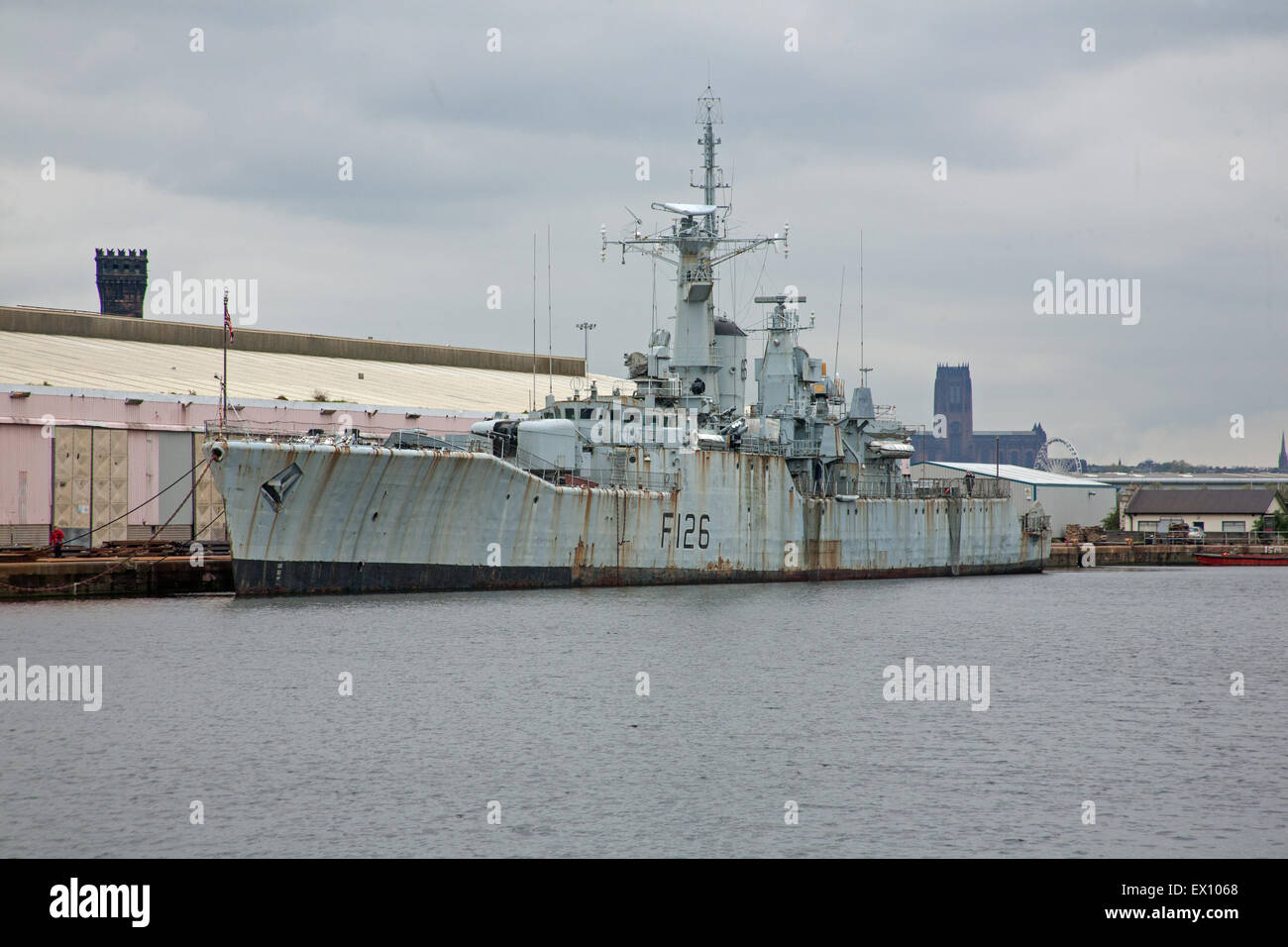 The ex-Royal Navy Frigate HMS Plymouth in Vittoria Dock Birkenhead, a ...