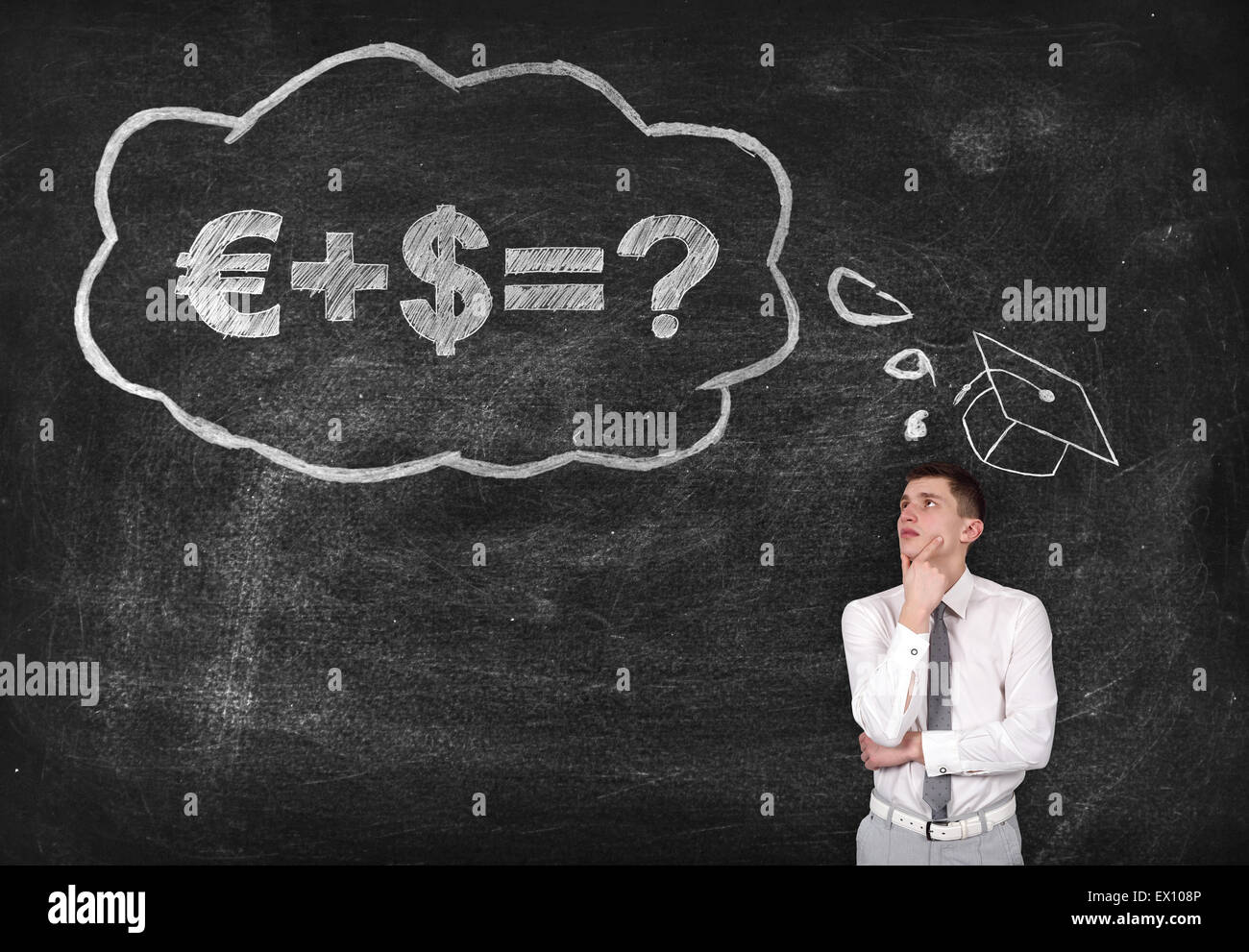 student is thinking about money formula on black background Stock Photo ...