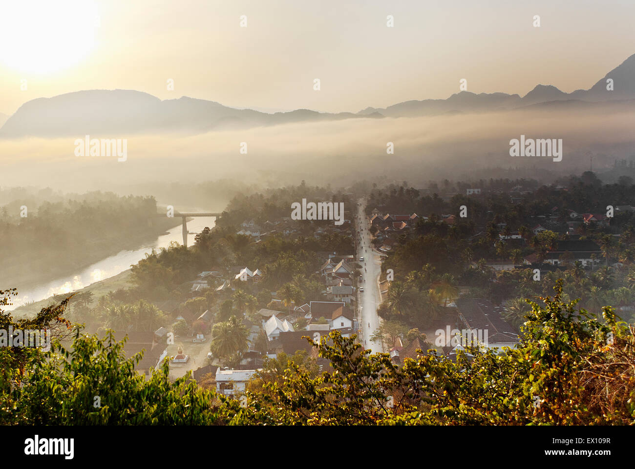 Luang Prabang at sunrise from the top of Mt. Phou Si. In the Lao ...