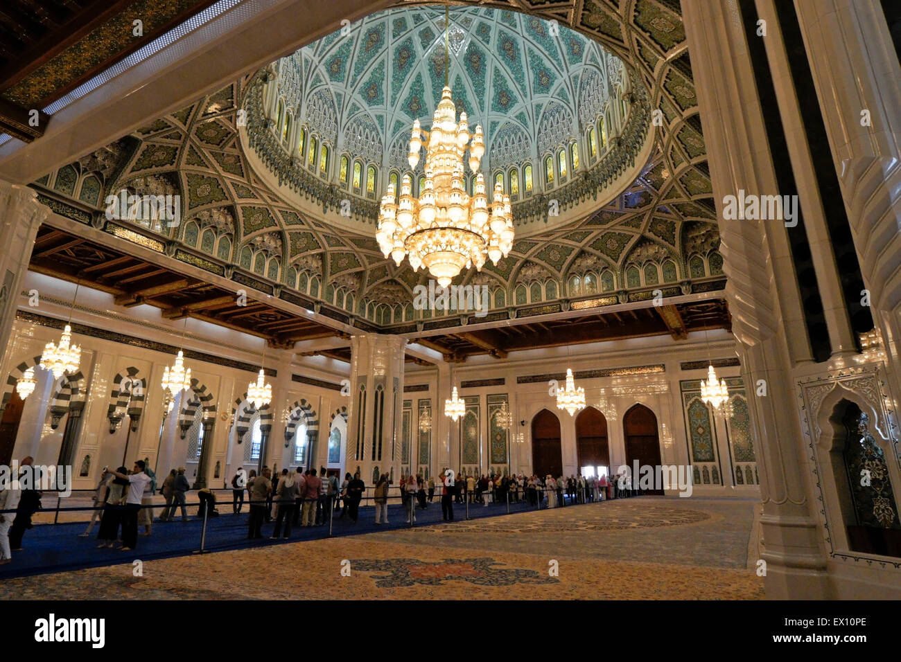 Dome and crystal chandelier, interior of Sultan Qaboos Grand Mosque ...