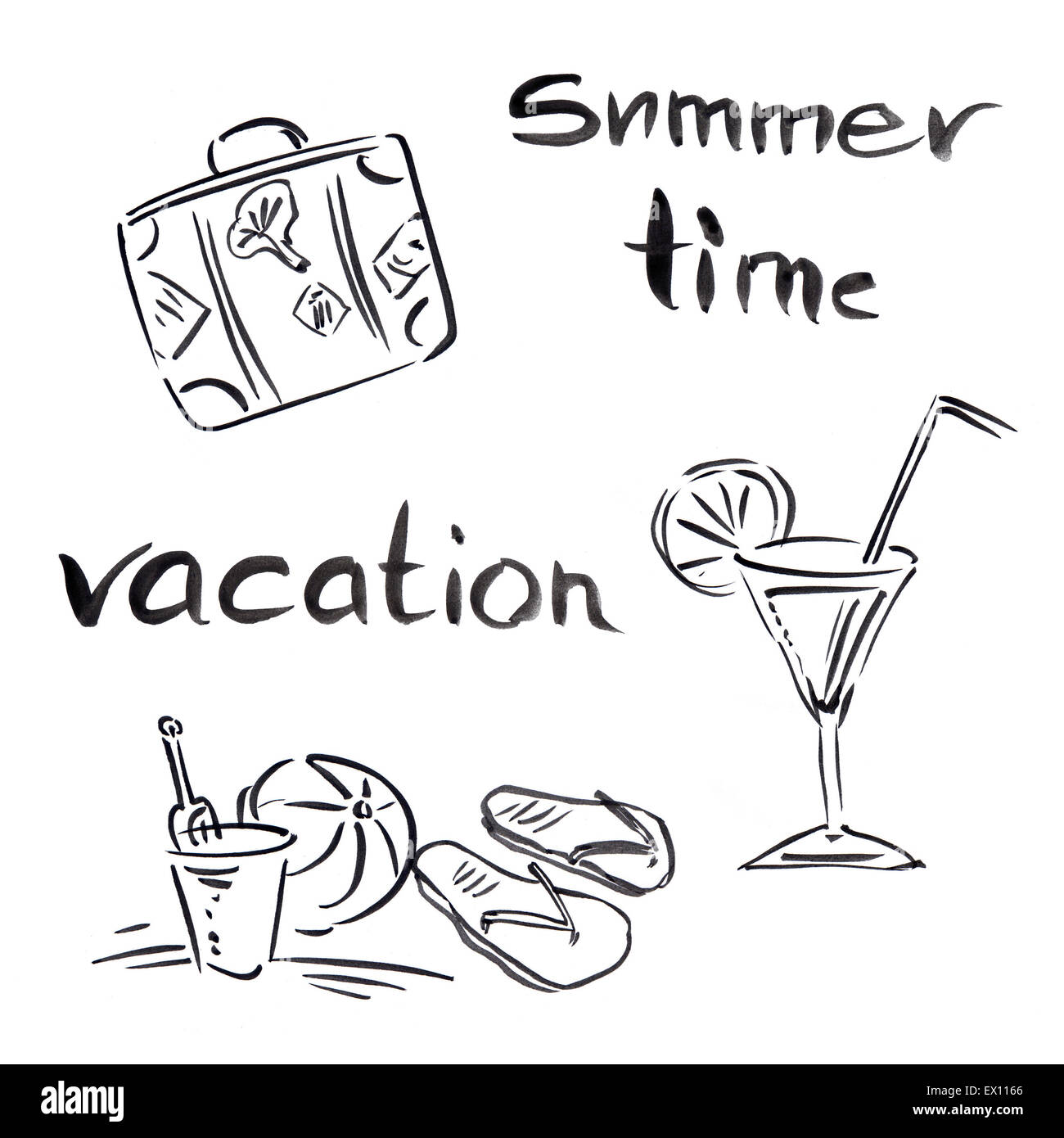 Black and white illustration of traveling themes, Summer vocation ...