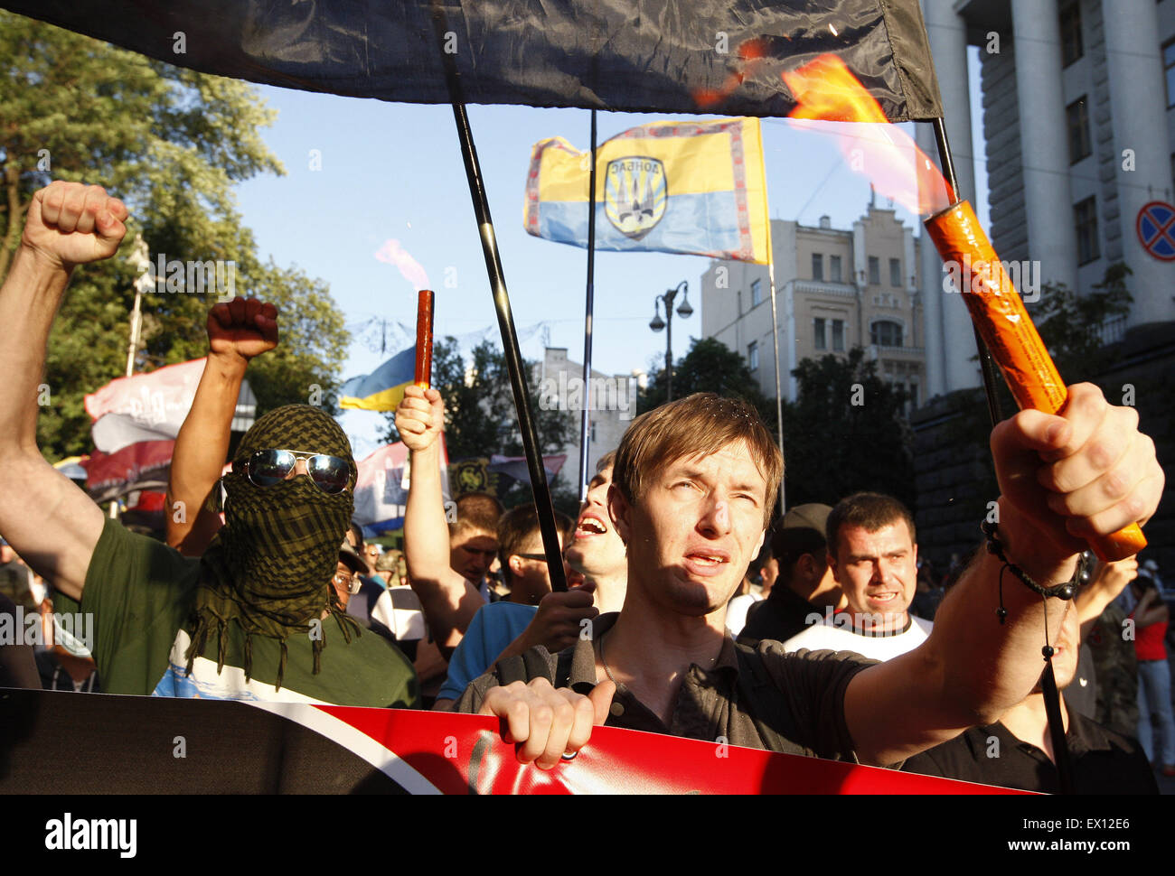 Kiev, Ukraine. 3rd July, 2015. Members and supporters of Right Sector ...