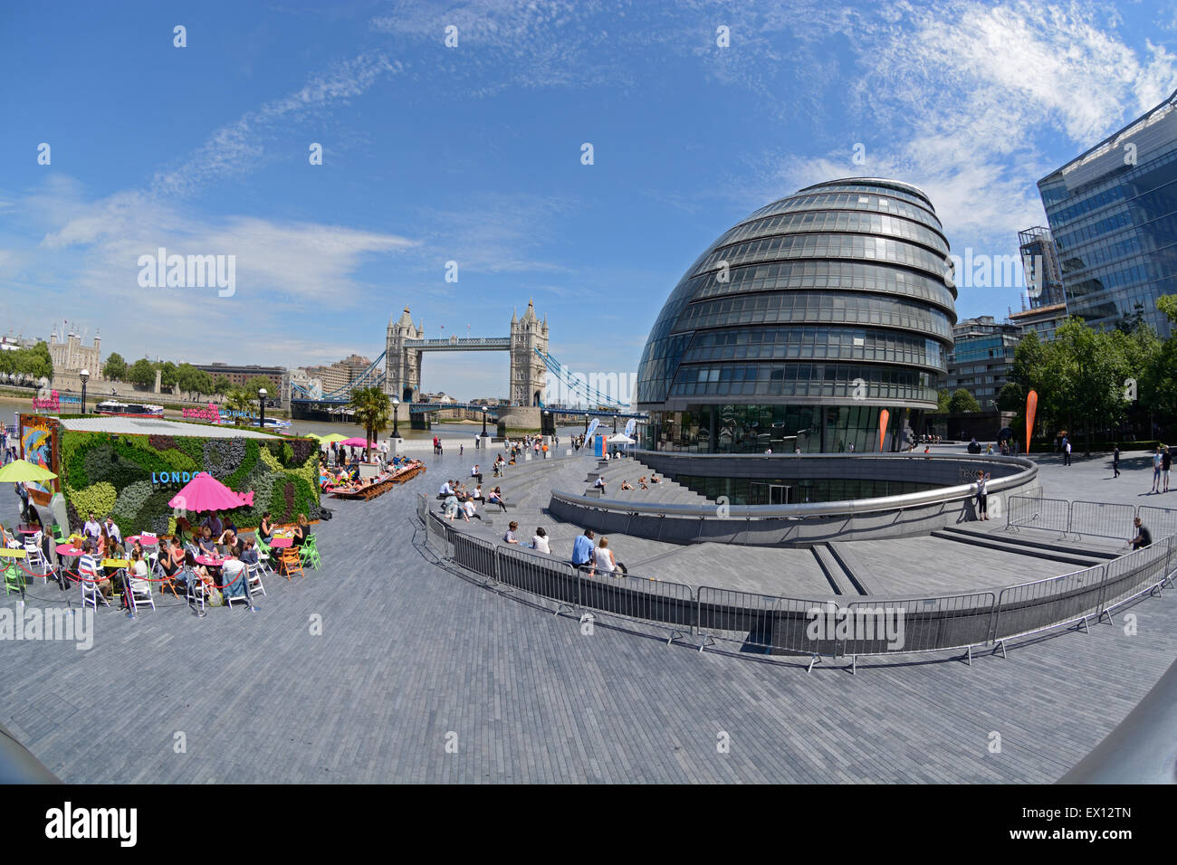 City Hall London, Fish-eye, with Tower Bridge in b/g London, England ...